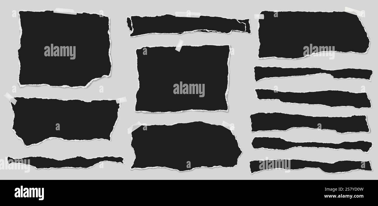 Set of torn black note paper pieces with sticky tape are on transparent ...