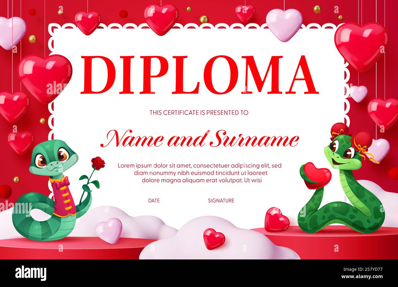 Valentine day diploma with funny cartoon snakes, vector certificate ...