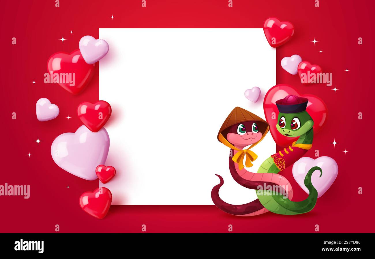 Valentine day banner with cartoon snakes in love and hearts, vector ...