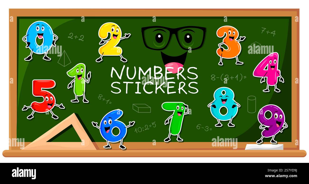 Math numbers and digit characters stickers pack on school blackboard ...