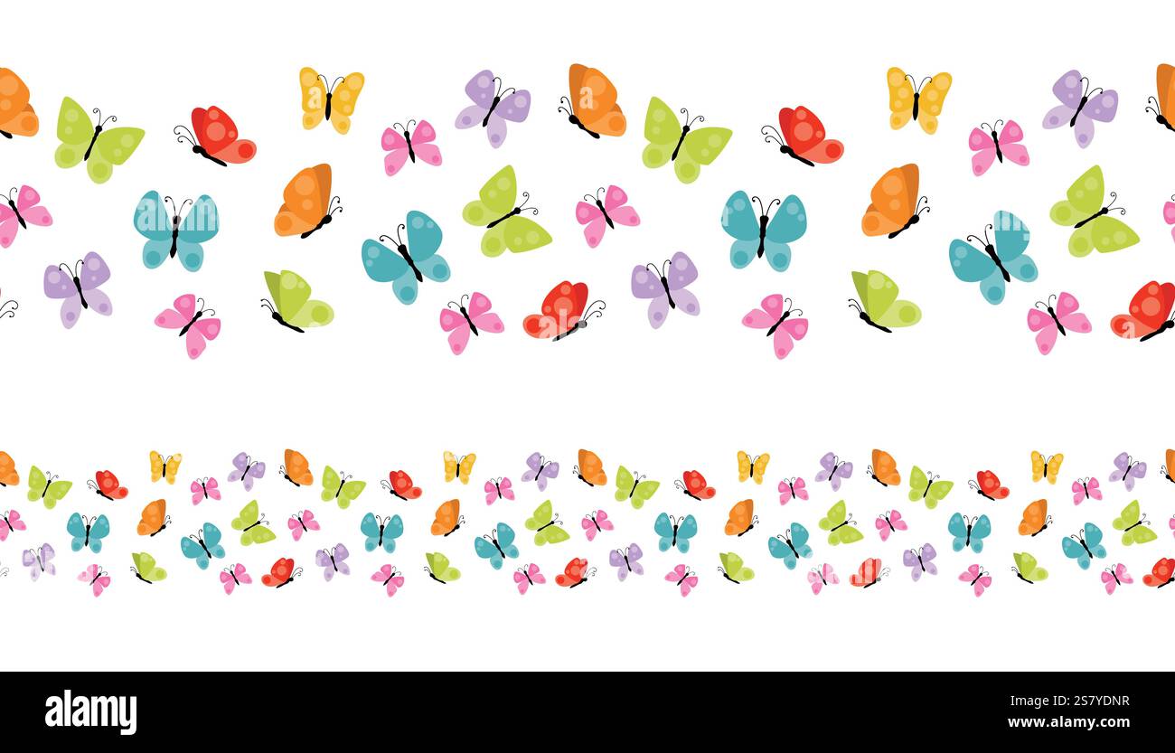 Cute colorful spring or summer butterflies seamless border isolated on ...