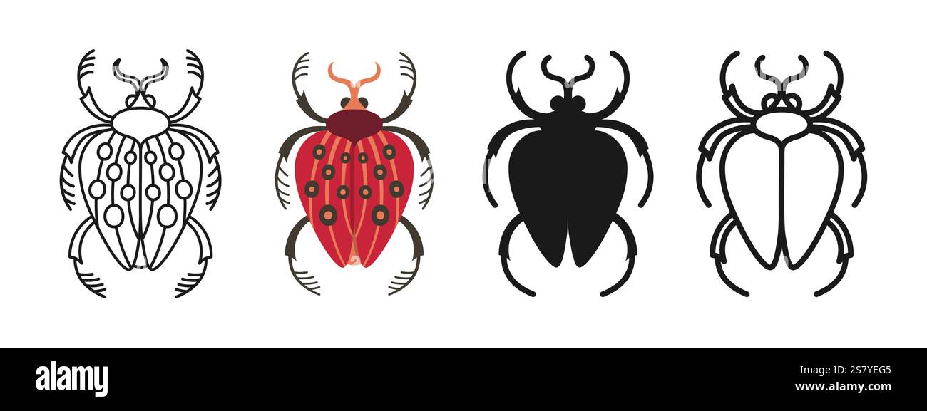 Beetles symbols cartoon set. Abstract bugs linear doodle icon. Stylized ...