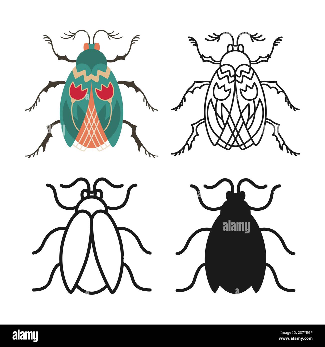 Beetle symbol cartoon set. Abstract bug linear icon. Stylized folk art ...