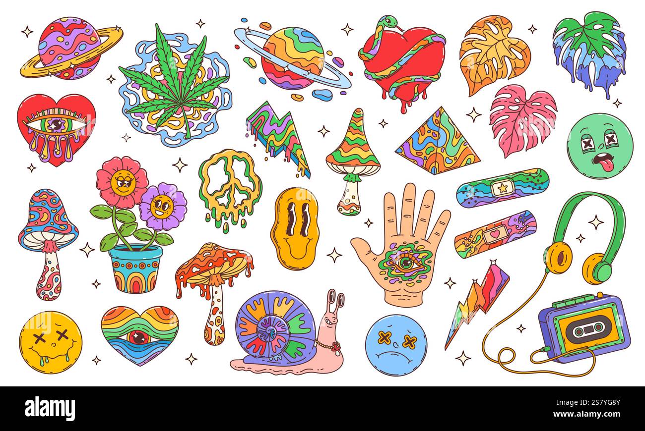 Groovy hippie symbols of cartoon psychedelic rainbow mushroom, flowers ...