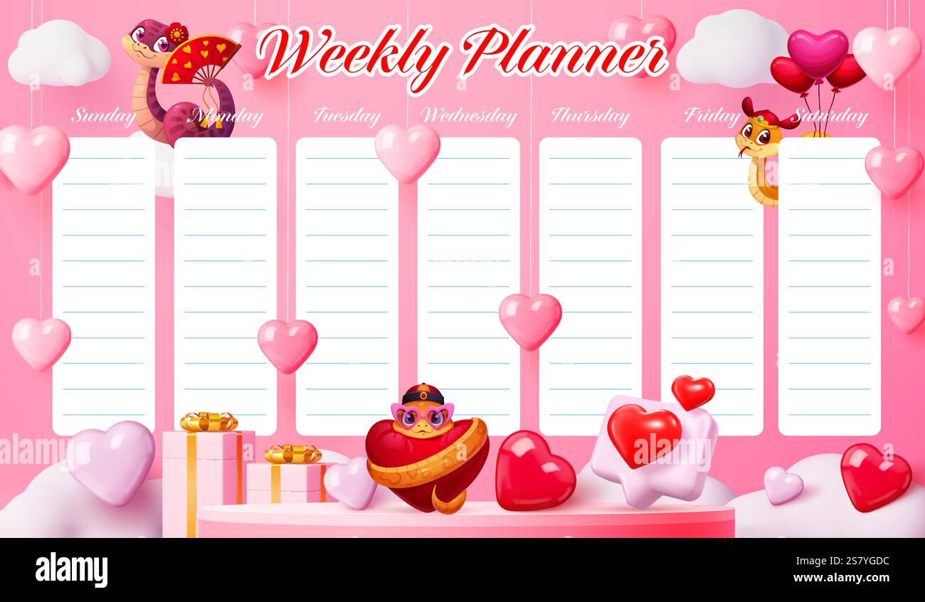 Weekly planner schedule with valentines day hearts and funny snakes ...
