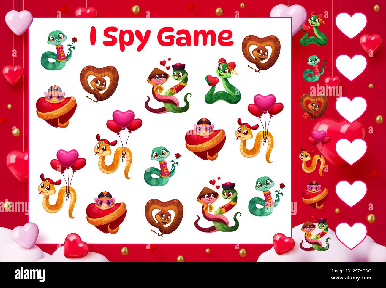 I spy game worksheet, valentines day funny snakes with hearts, balloons ...