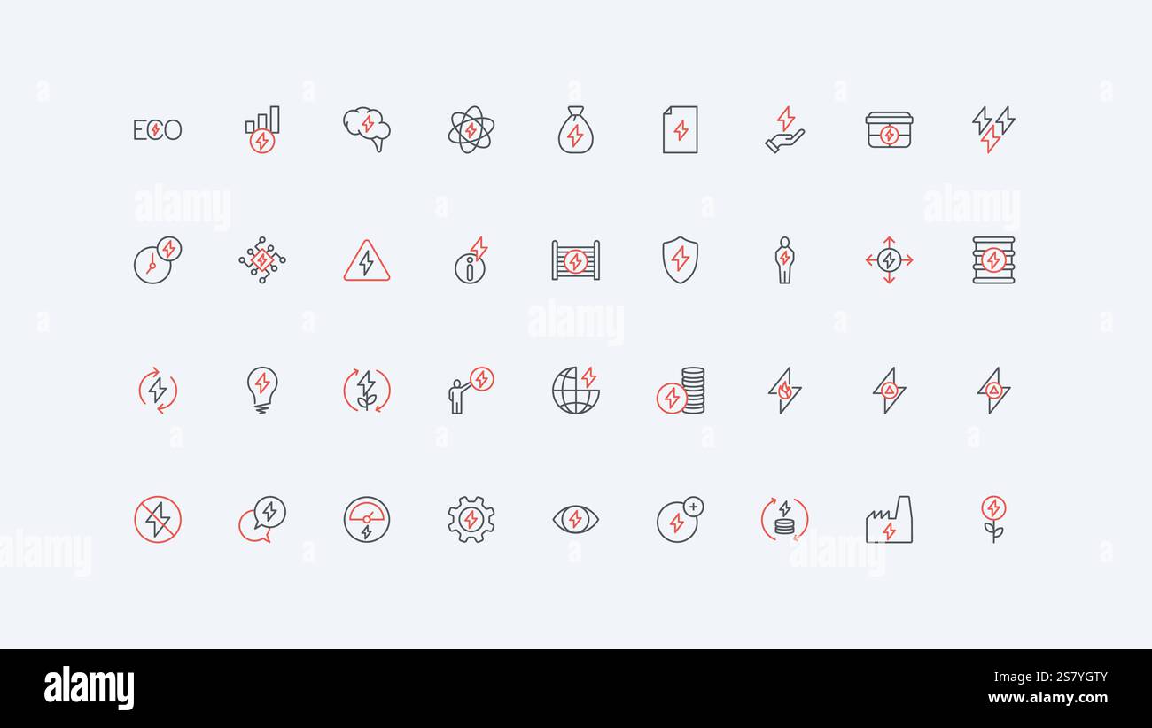 Electric lightening and energy, electricity voltage and lightning thunder bolt line icon set ...