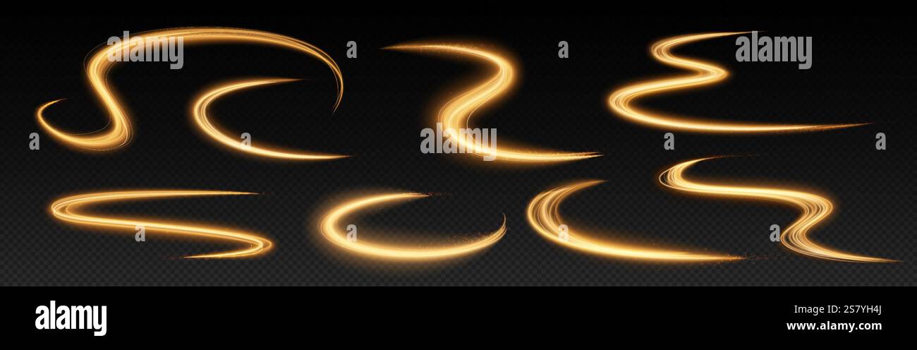 Speed light effect set with golden swirling trails - luminescent curved paths with yellow glow ...