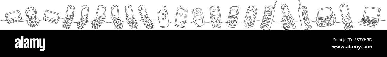Retro phones one line continuous drawing. Old communication gadgets ...