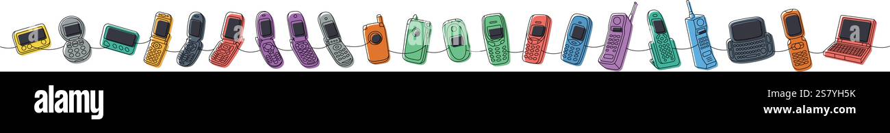 Retro phones one line colored continuous drawing. Old communication ...