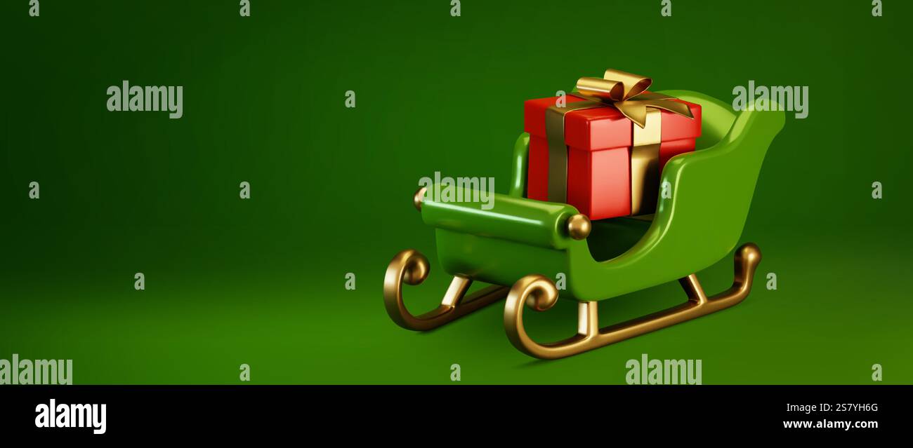3D Christmas sleigh and gift box on green background. Vector realistic ...