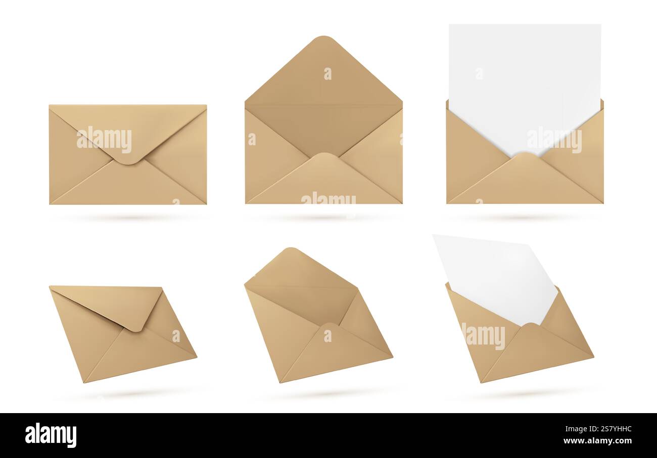 Realistic kraft paper envelope set in different positions and states ...