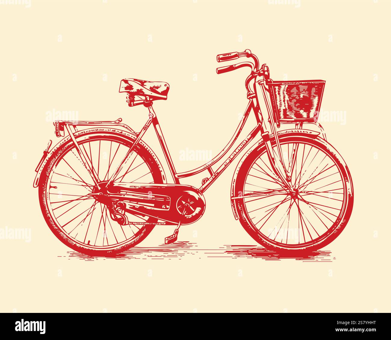 Vector hand drawn illustration of city bicycle in ink hand drawn style. Bike with step-through ...