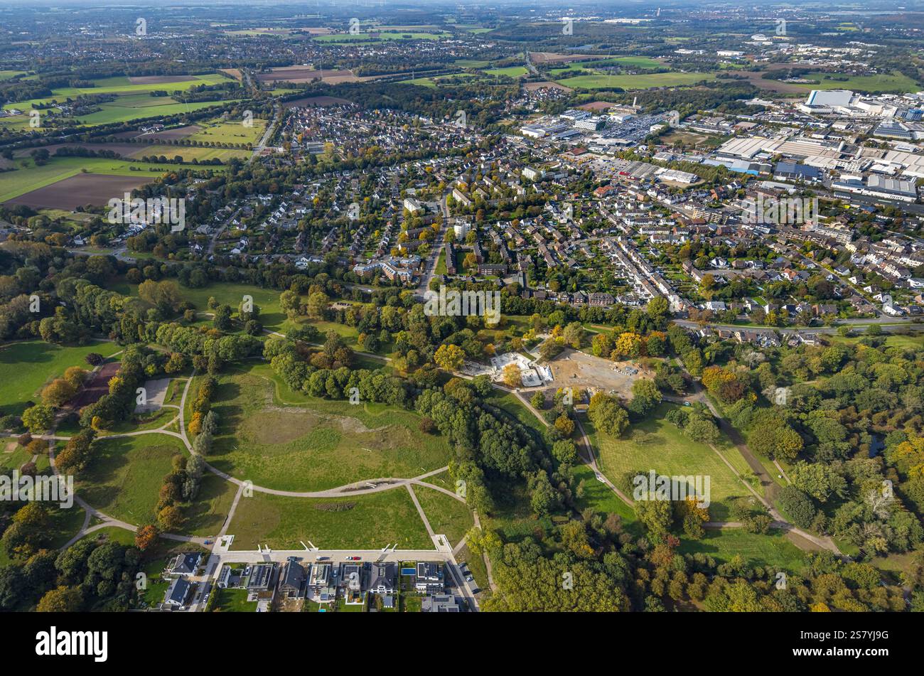 Aerial view, Moers amusement park, construction site with new housing ...