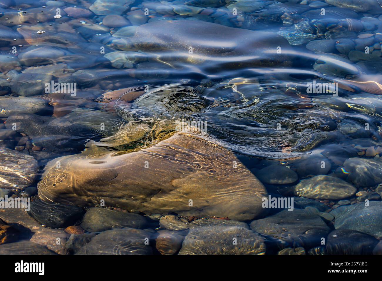 a large light-brown rock submerged in clear, flowing water. Taken from ...