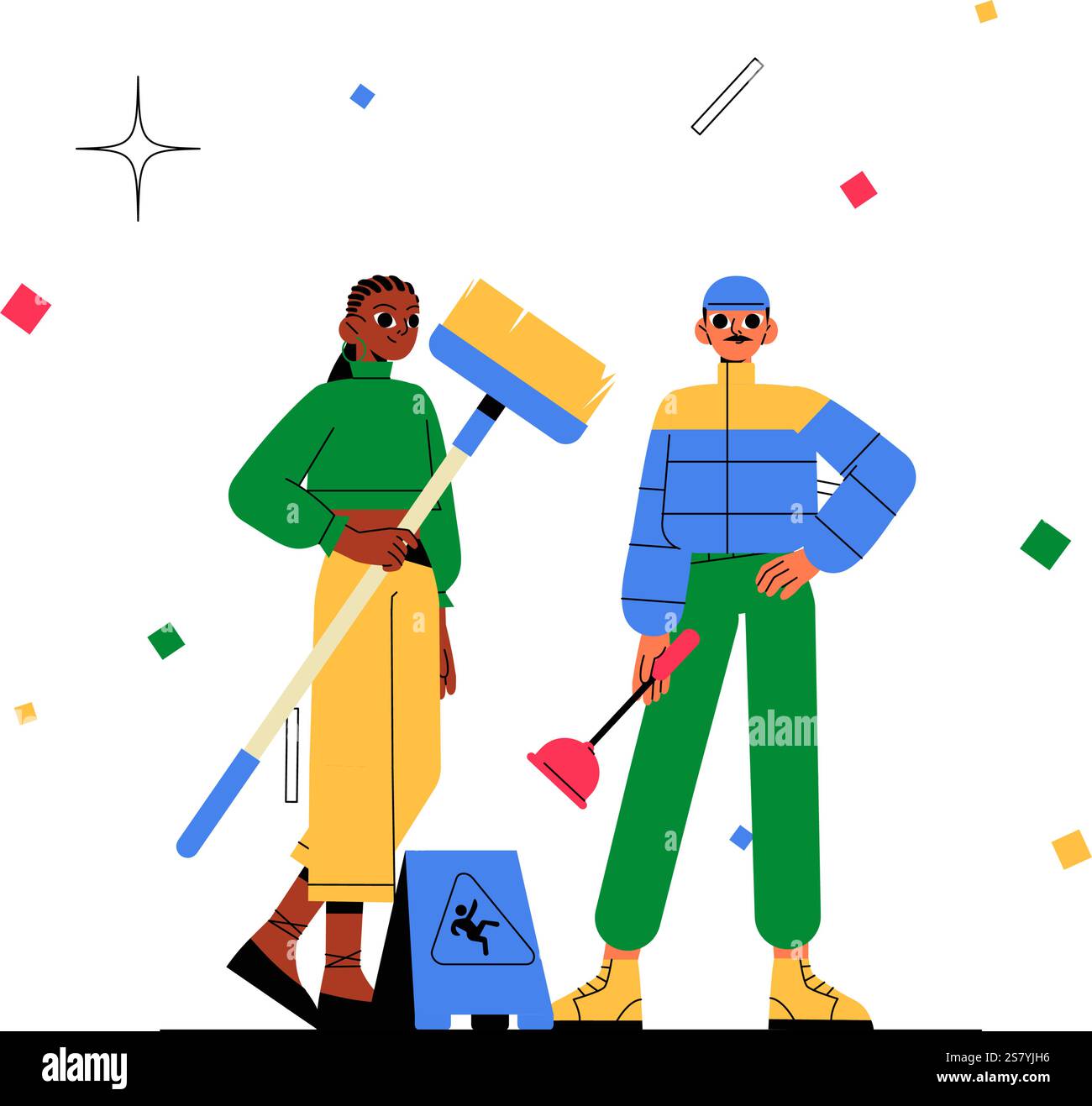 Male And Female Cleaners With Cleaning Tools In Flat Vector ...