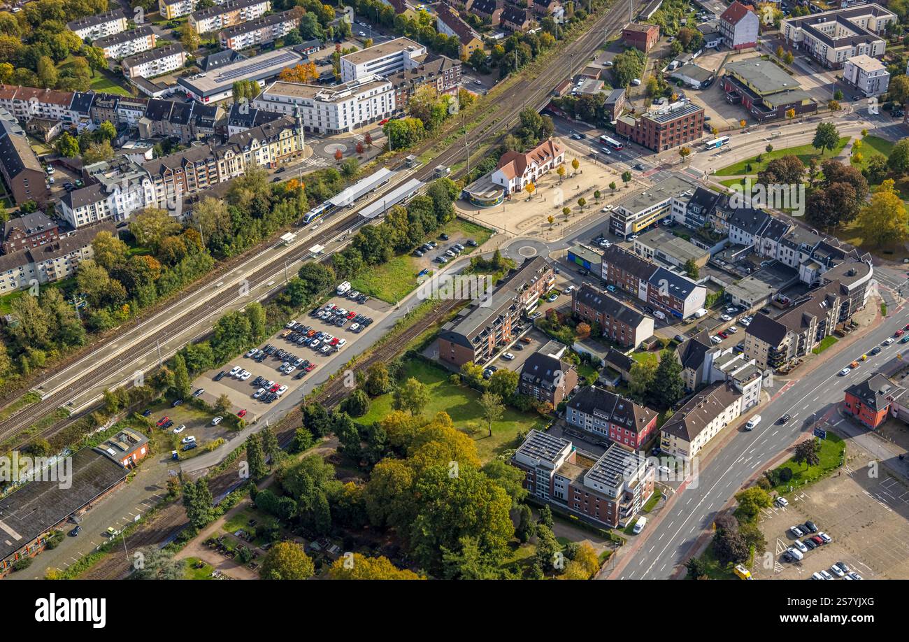 Aerial view, Moers main station and station building with station ...