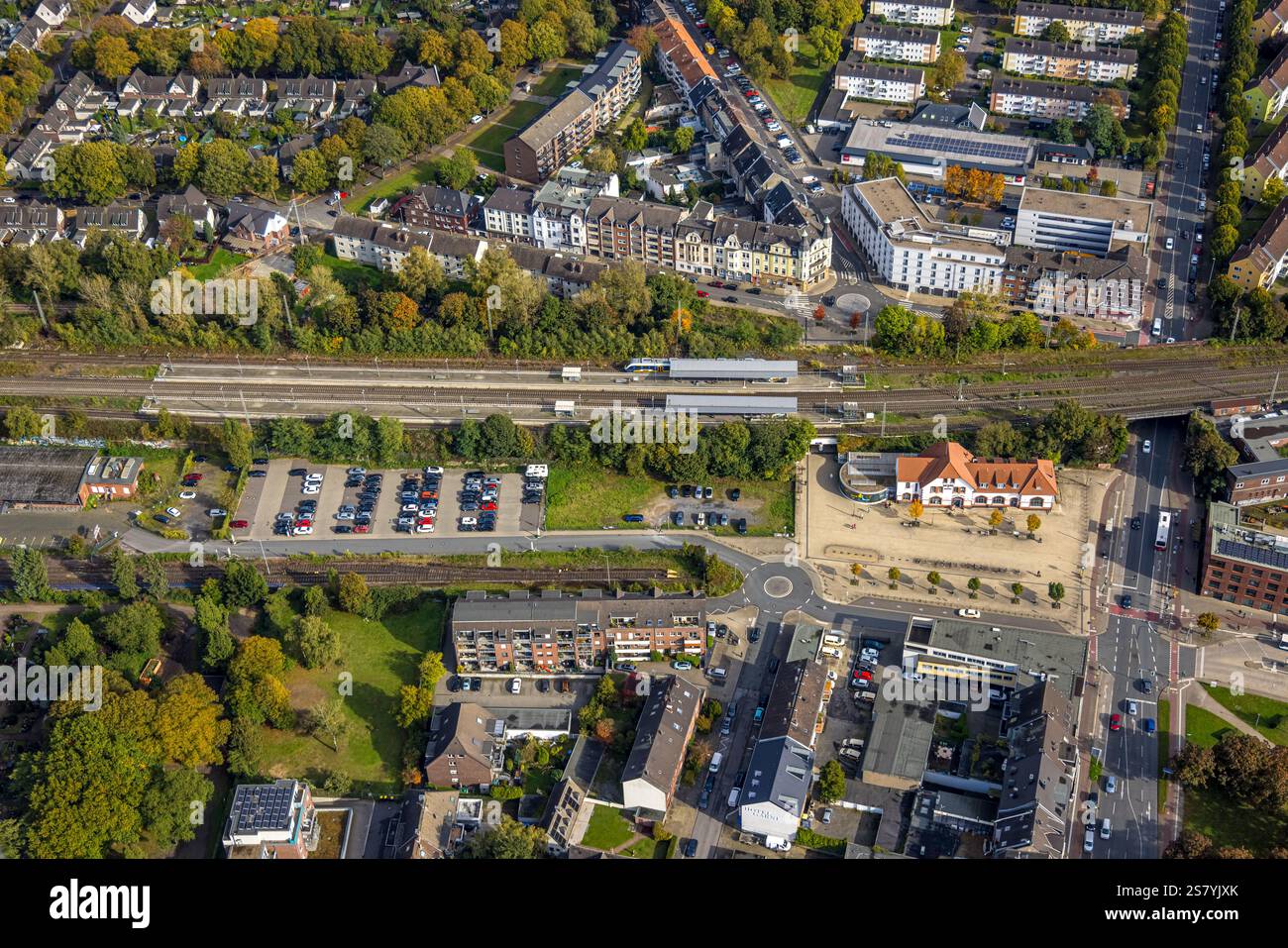 Aerial view, Moers main station and station building with station ...