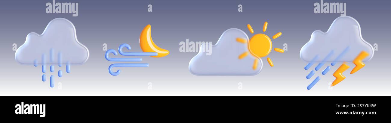 3D weather forecast icons set isolated on background. Vector realistic illustration of sun, moon ...