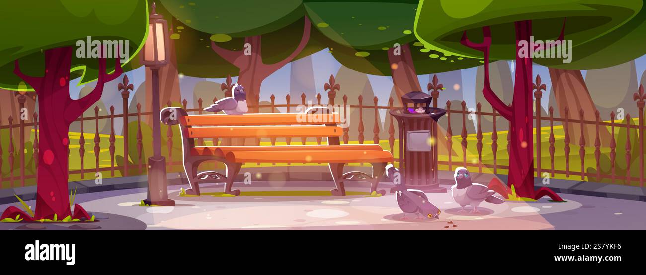 Urban park with birds eating seeds. Vector cartoon illustration of ...