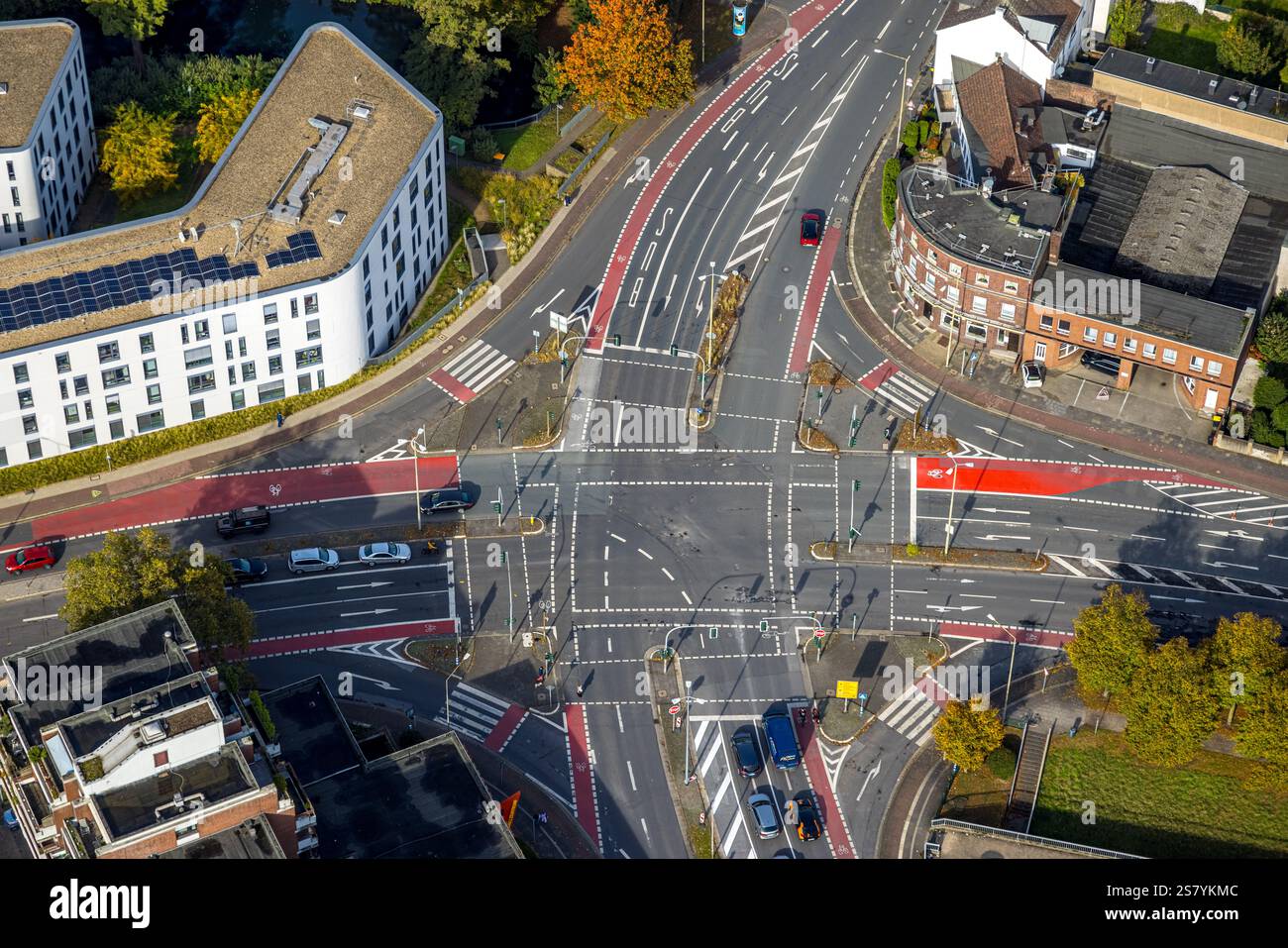 Aerial view, town hall, road traffic and road junction Unterwall and ...