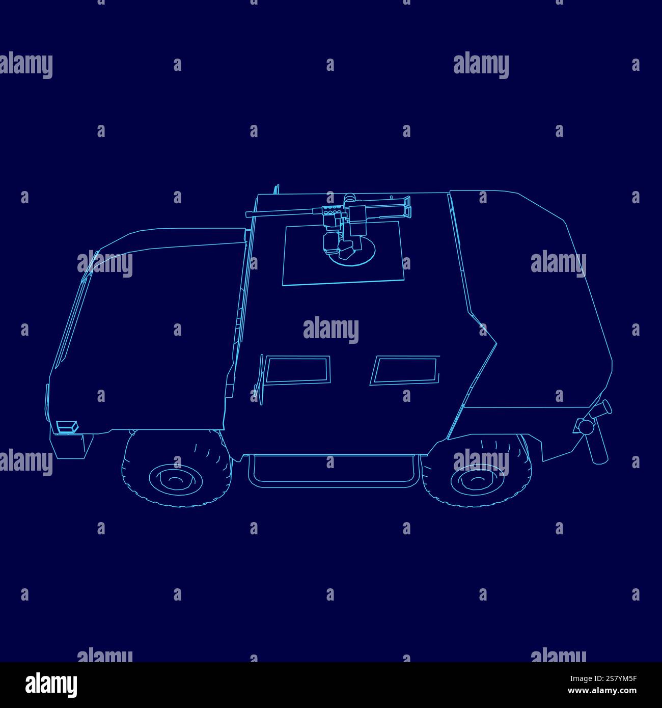 Blue drawing of a vehicle with a gun on top. The vehicle is a military ...