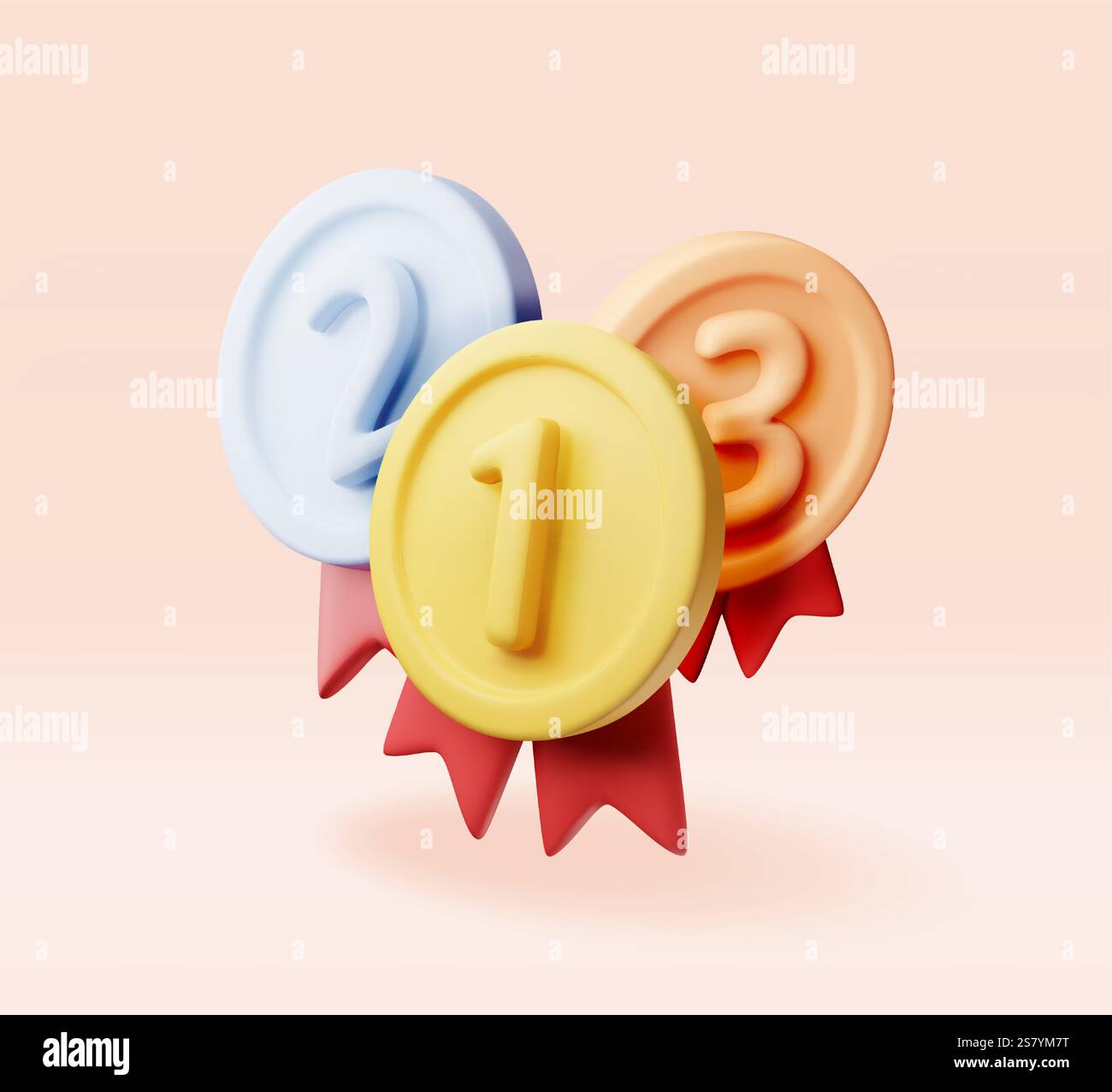 3d set of medals with red ribbons. Render gold, silver, bronze champion ...