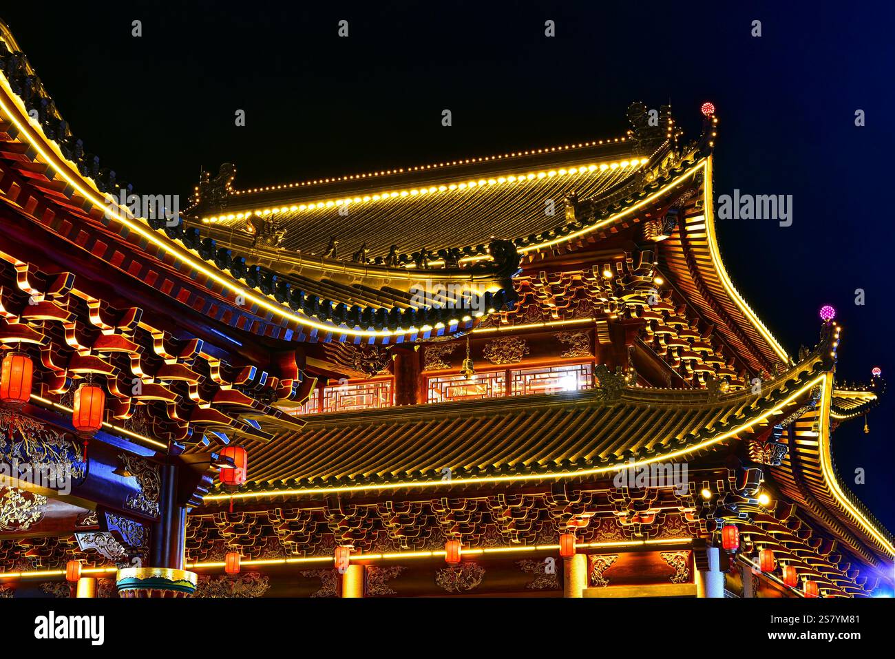 Beautiful roofs of the Temple of Mother of the Pearl, a local deity in ...