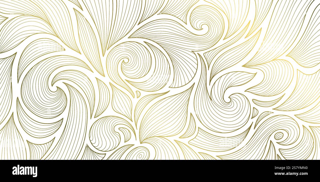 Vector art deco floral pattern, wavy luxury golden line background ...
