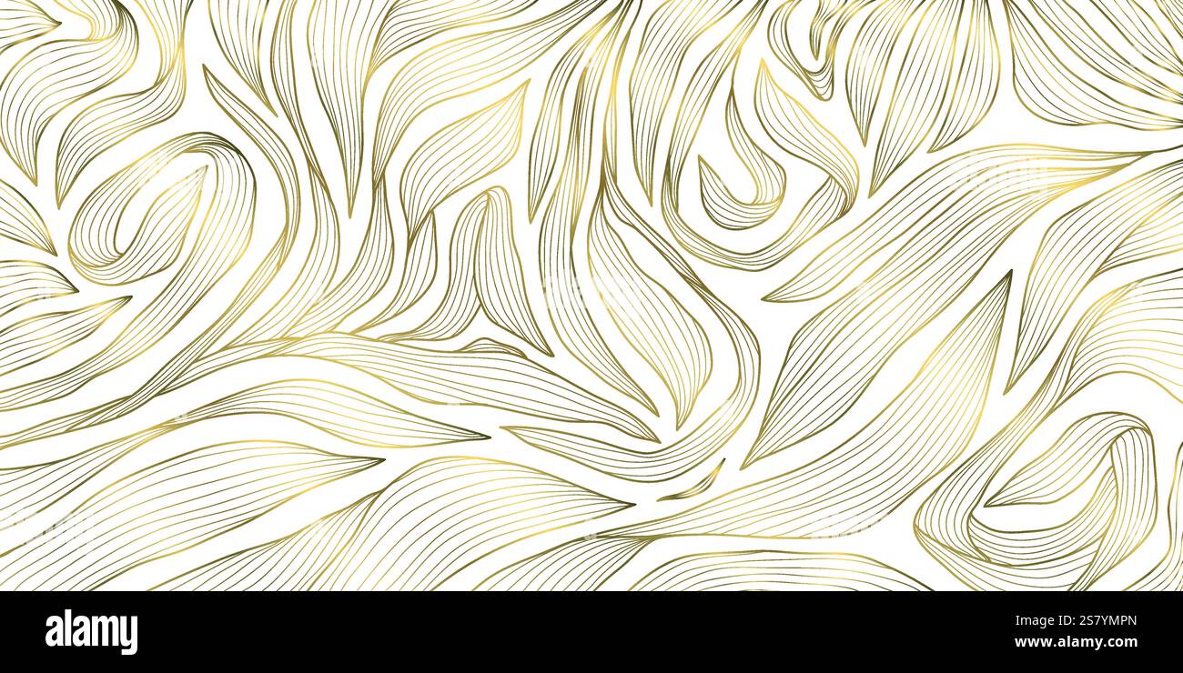 Vector art deco floral pattern, wavy luxury golden line background ...