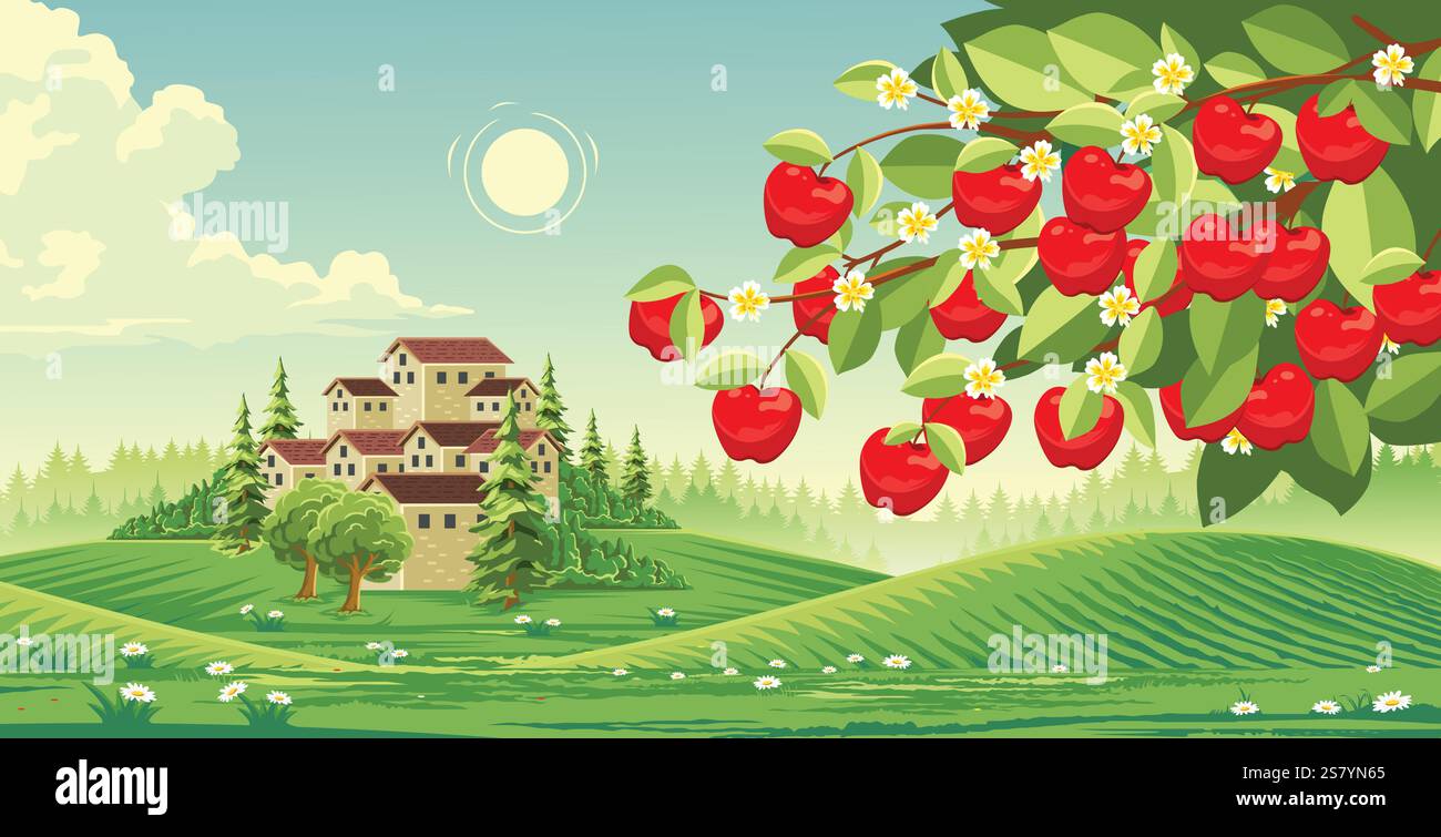 Panorama beautiful red apple tree Stock Vector Images - Alamy