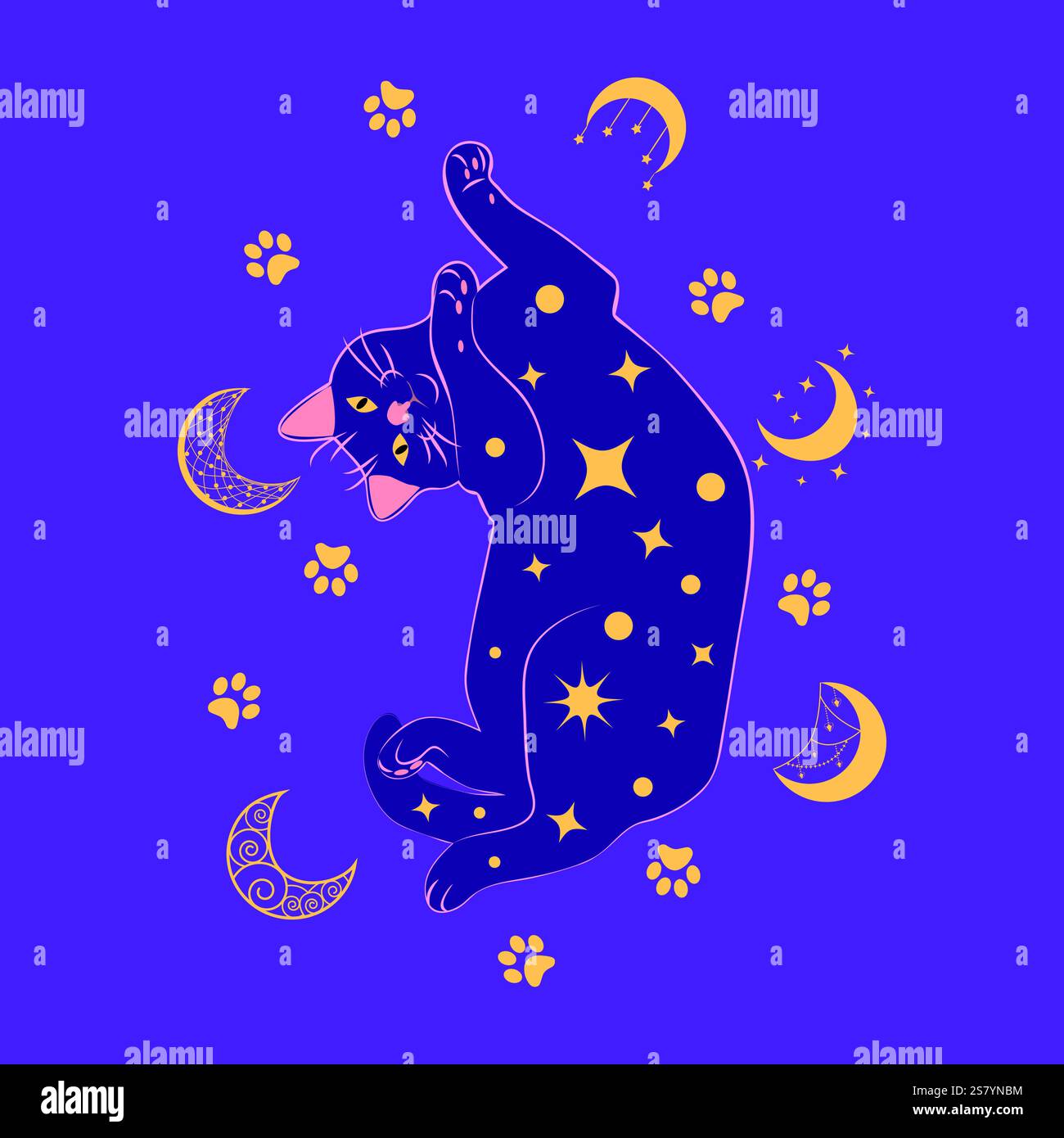 Mystical cat in boho style surrounded by stars, zodiac signs, balls ...