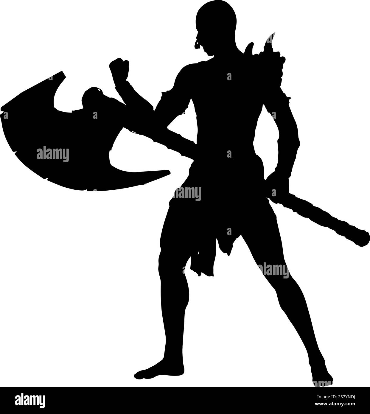 Detailed silhouette of a primitive male warrior wielding a massive axe ...