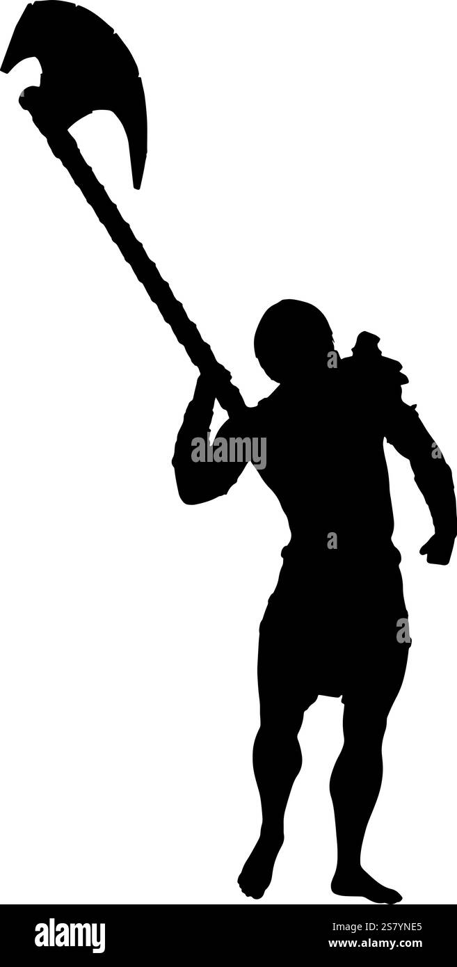 Detailed silhouette of a primitive male warrior wielding a massive axe ...