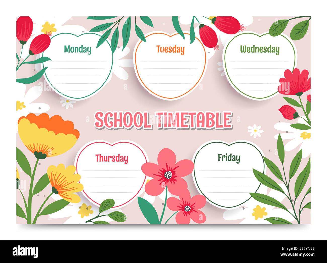 Cute School Timetable vector background with vibrant floral themed ...
