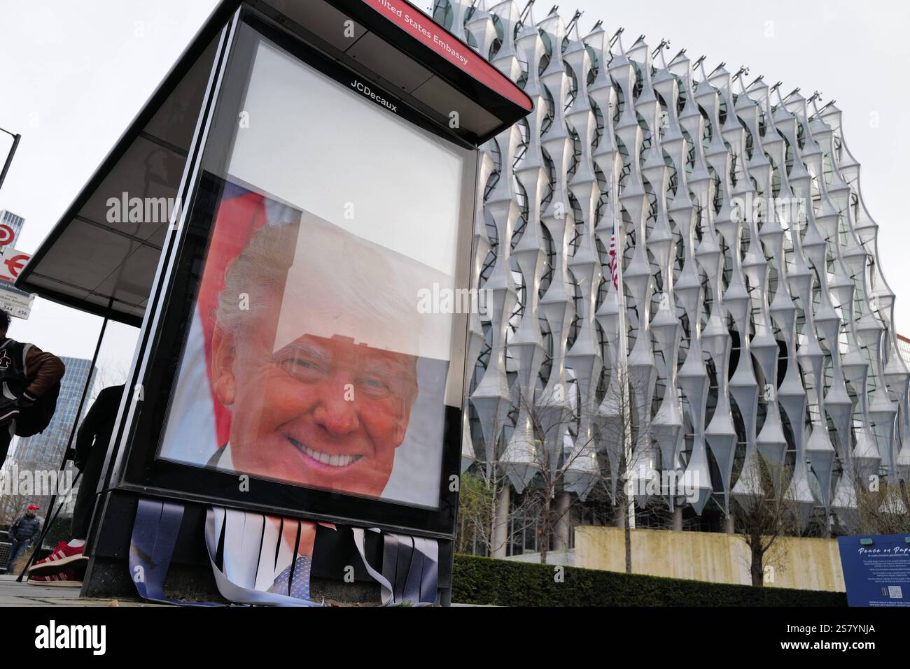 RECORD DATE NOT STATED Shredded Trump sign outside US Embassy in London ...