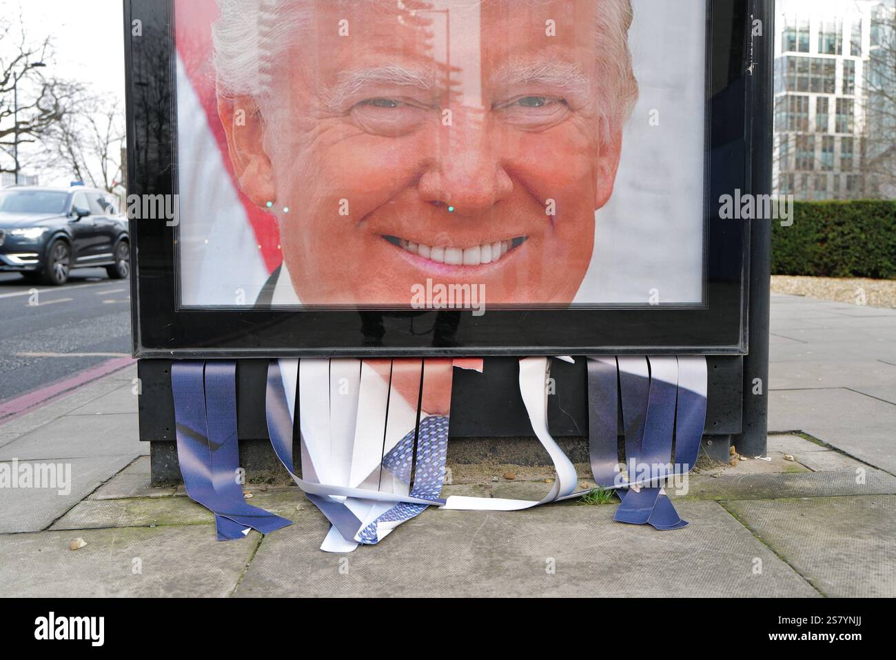 RECORD DATE NOT STATED Shredded Trump sign outside US Embassy in London ...