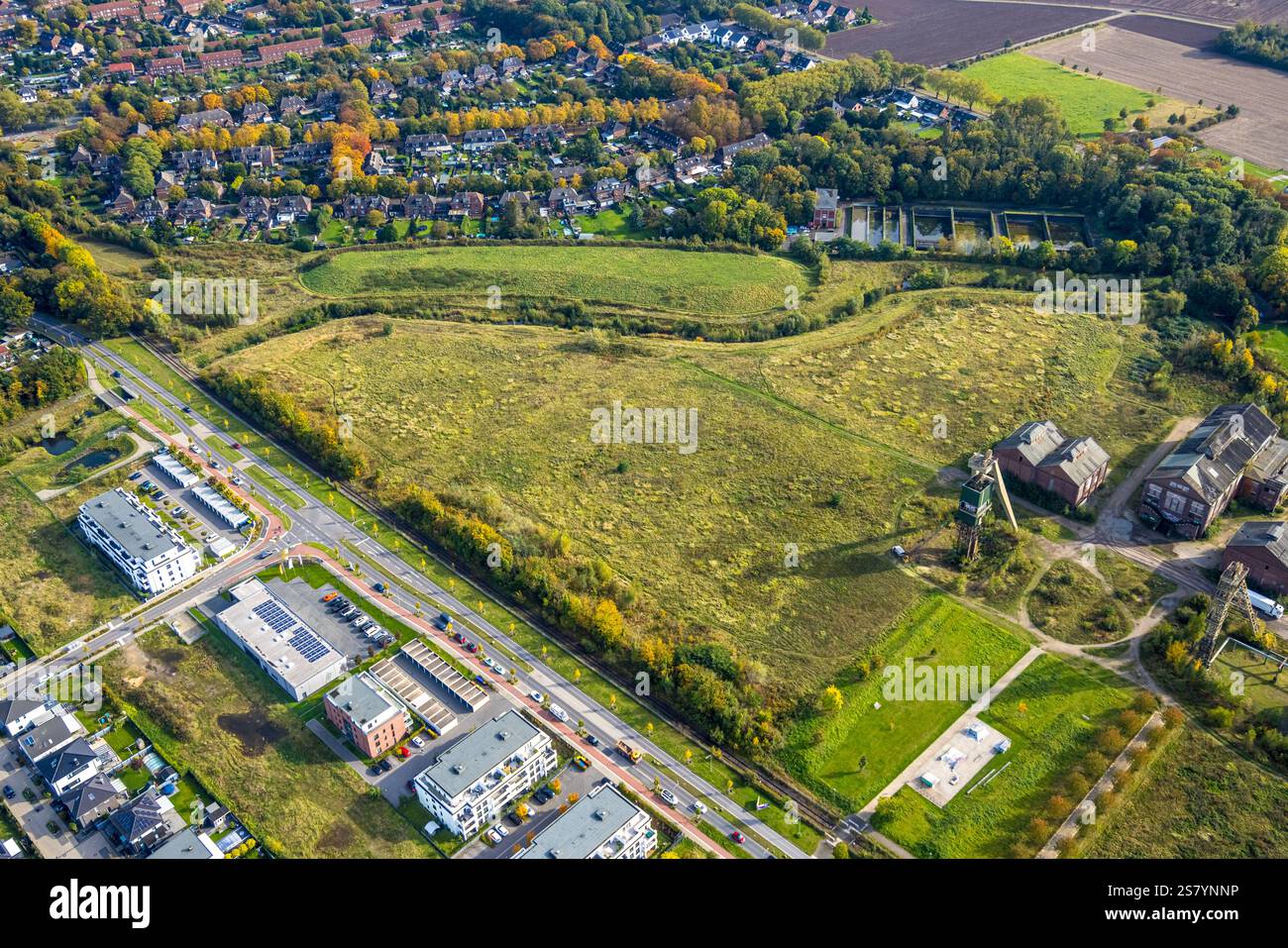 Aerial view, meadow area An den Schächten at the former Niederberg mine ...