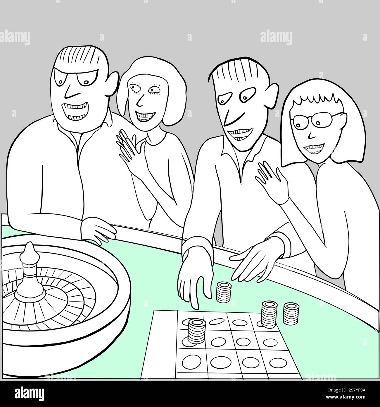 Two young couples are playing roulette. A company of people is having ...