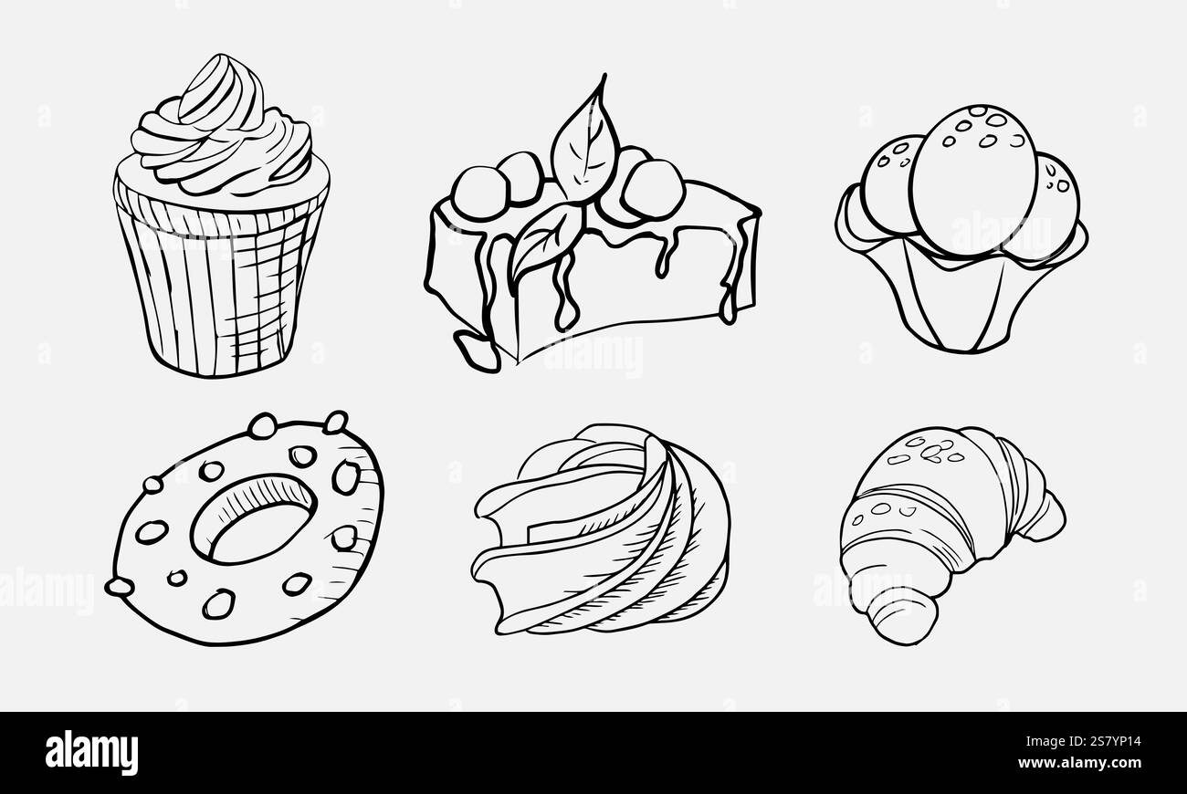 Vector set of different desserts. In the style of freehand drawing. For postcards, invitations ...