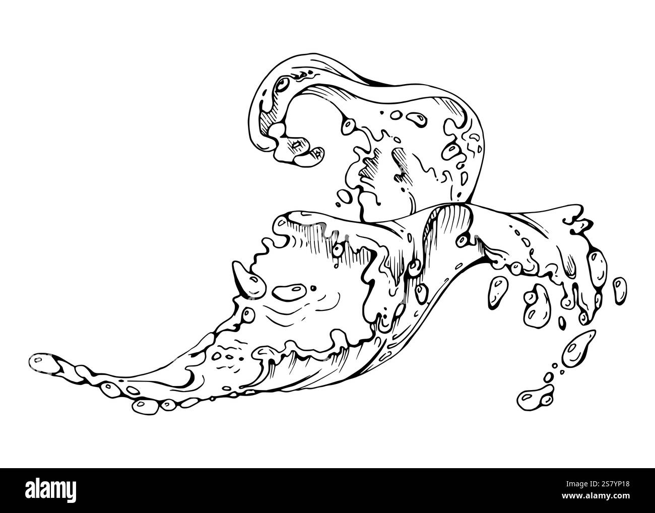 Water flow, splashes bubbles waves with dew drops, vector hand drawn in ...