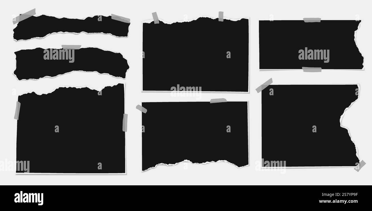 Set of torn black note paper pieces with sticky tape are on transparent ...