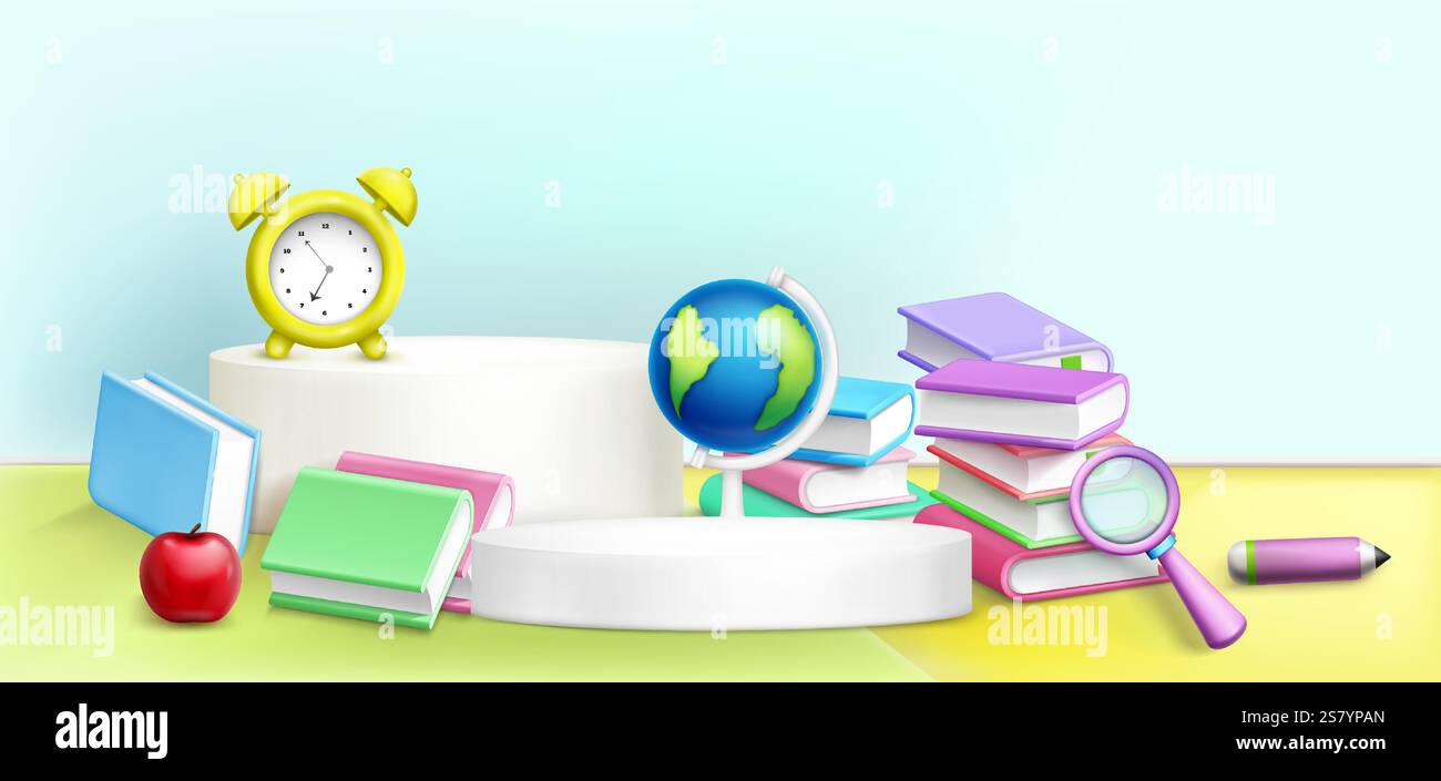 Round podium with school accessories. Vector realistic illustration of ...