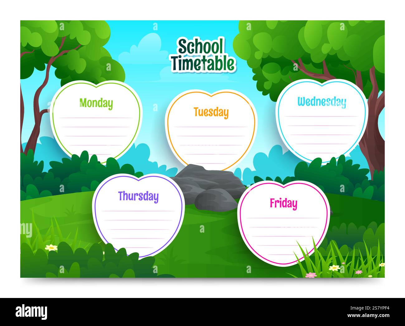 School Timetable vector background with forest themed schedule design ...