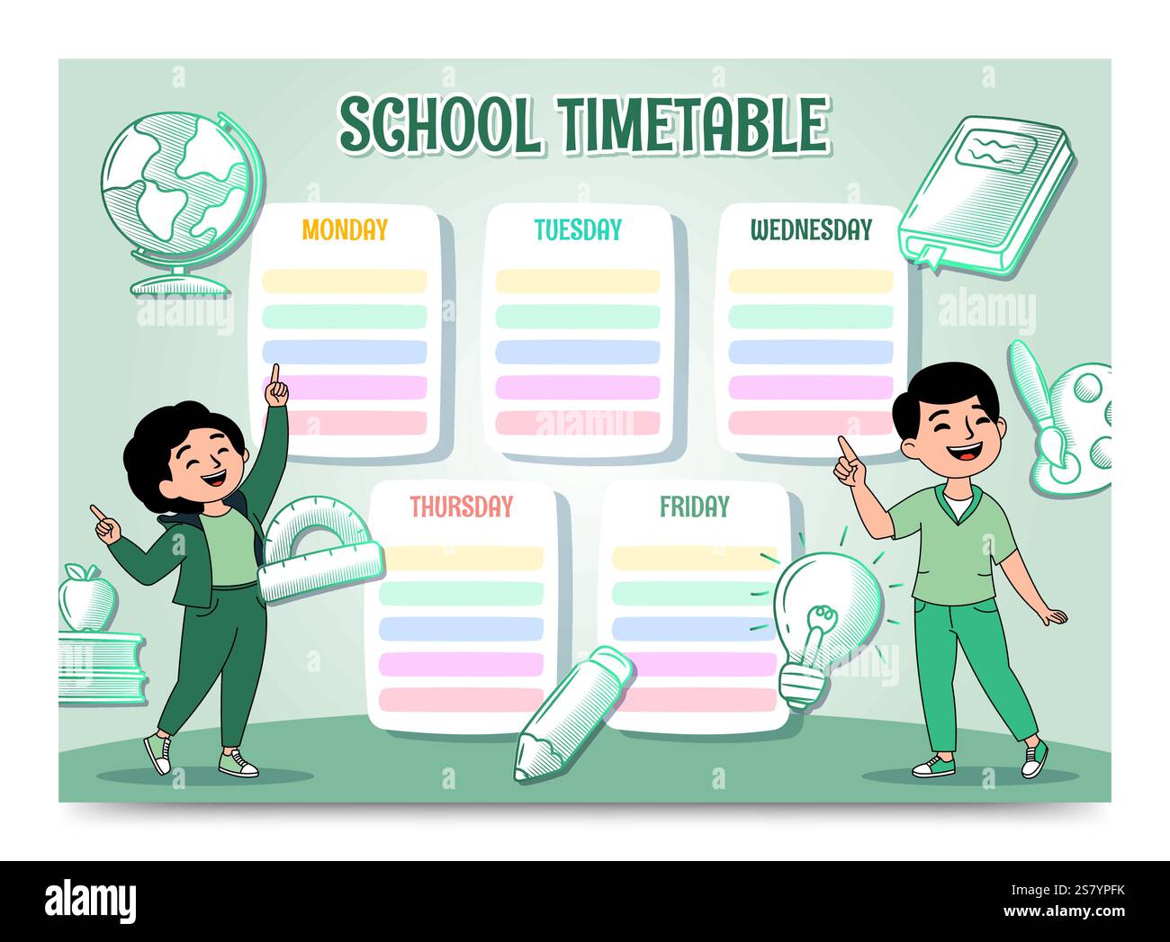 Cartoon school timetable background, with two students vector ...