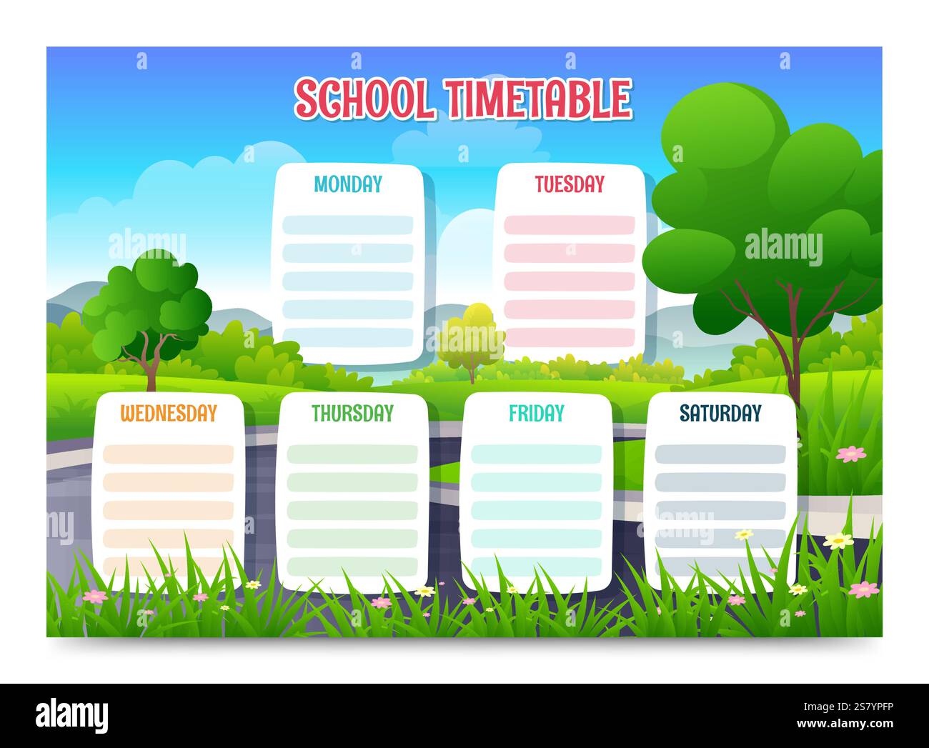 School timetable with greenery cartoon landscape vector illustration ...