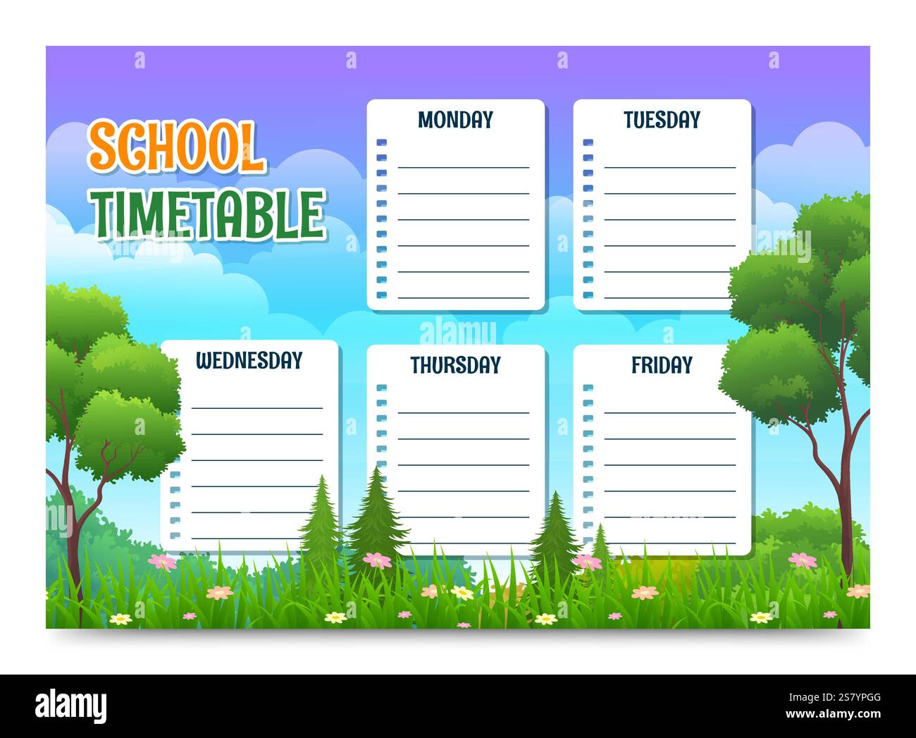 School timetable vector with nature cartoon landscape theme Stock ...