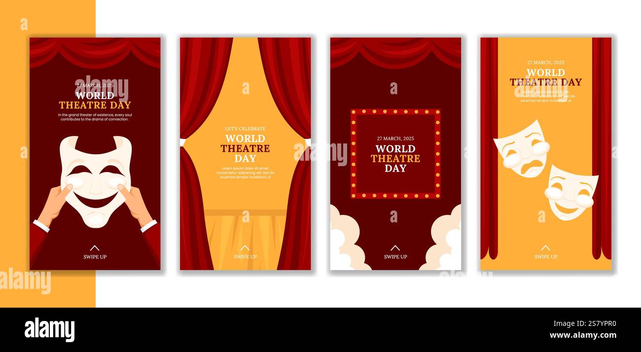 Theatre Day Social Media Stories Design with Hand-Drawn Cartoon Style ...
