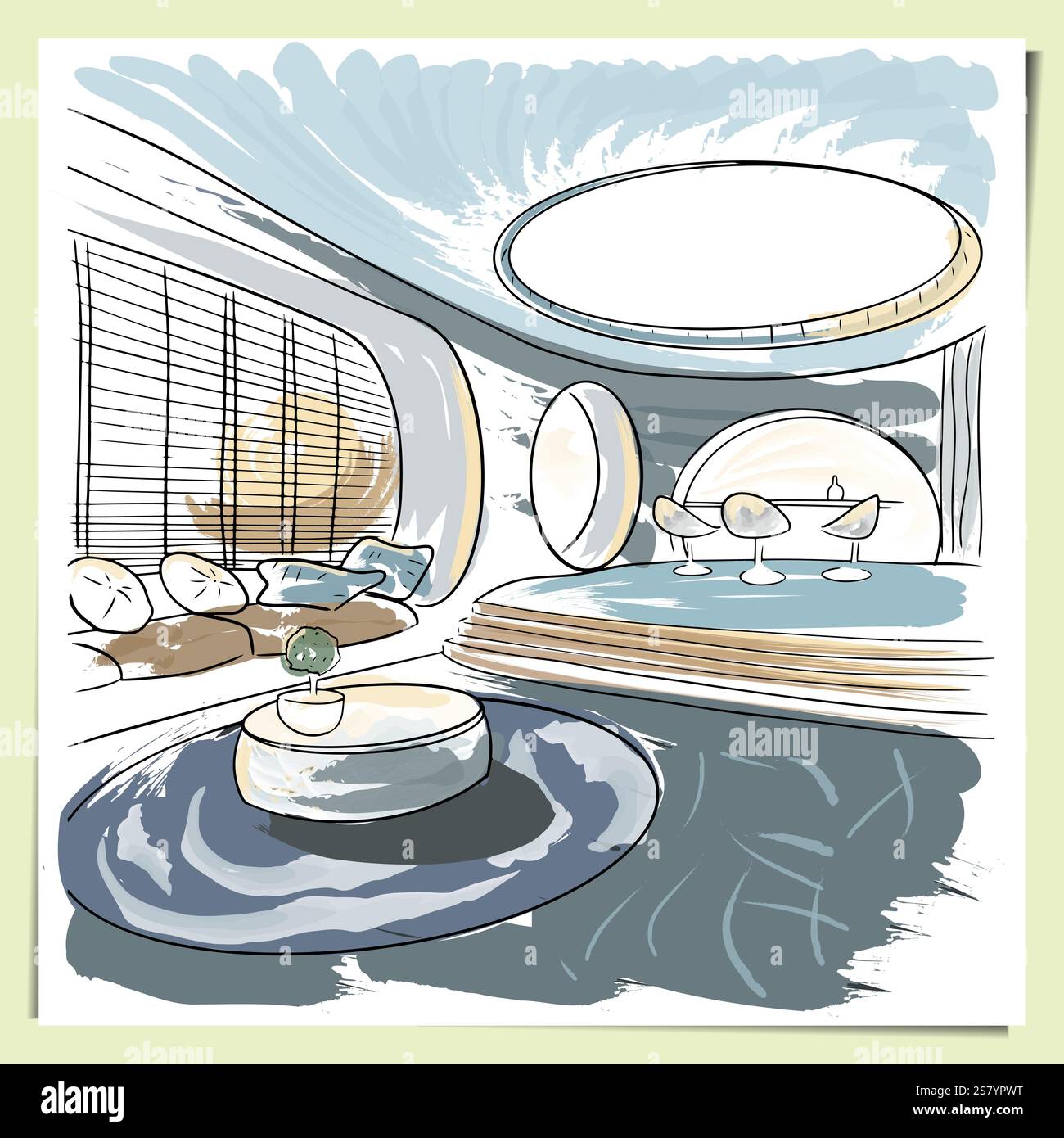 The interior concept of a lounge with a bar. A linear sketch painted ...