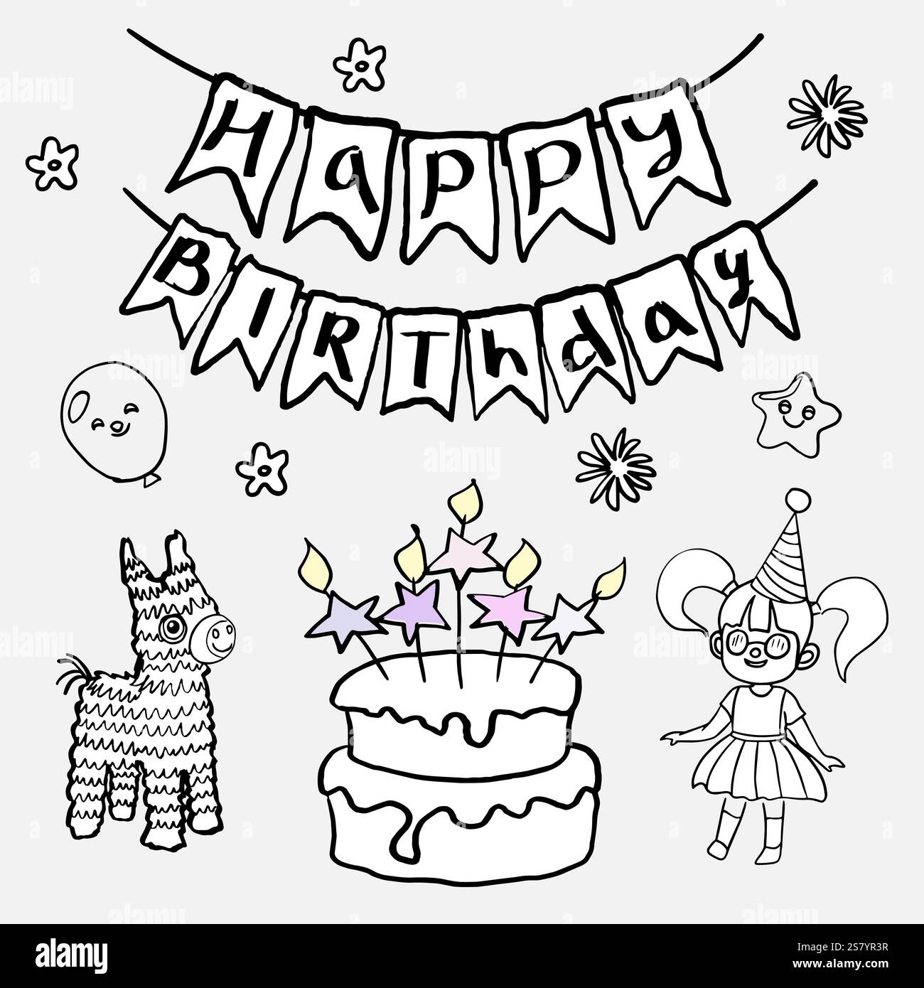 Illustration of a birthday. Cute vector image for birthdays, coloring ...